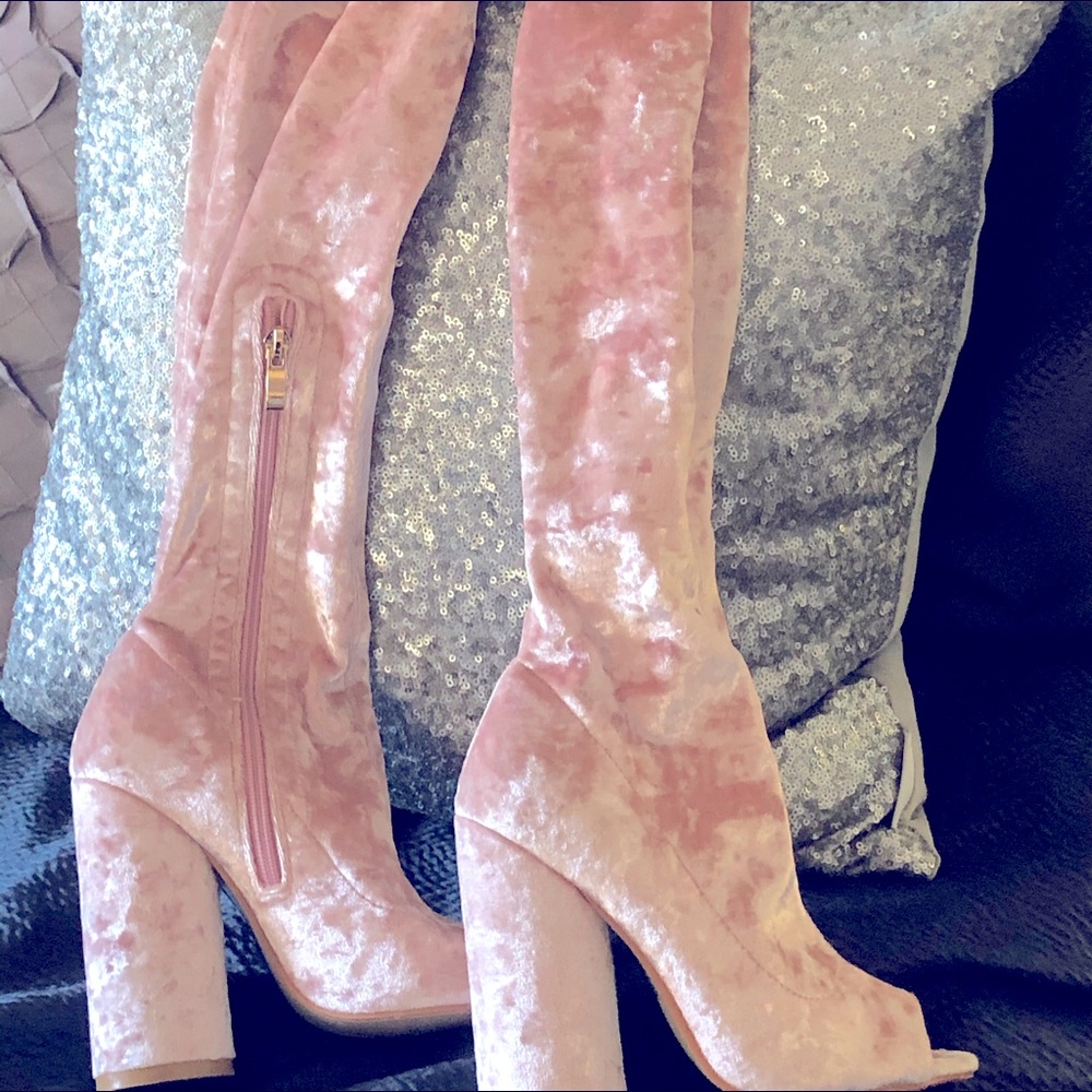 Pink Stretch Velvet Thigh High Heel Boots - Gem